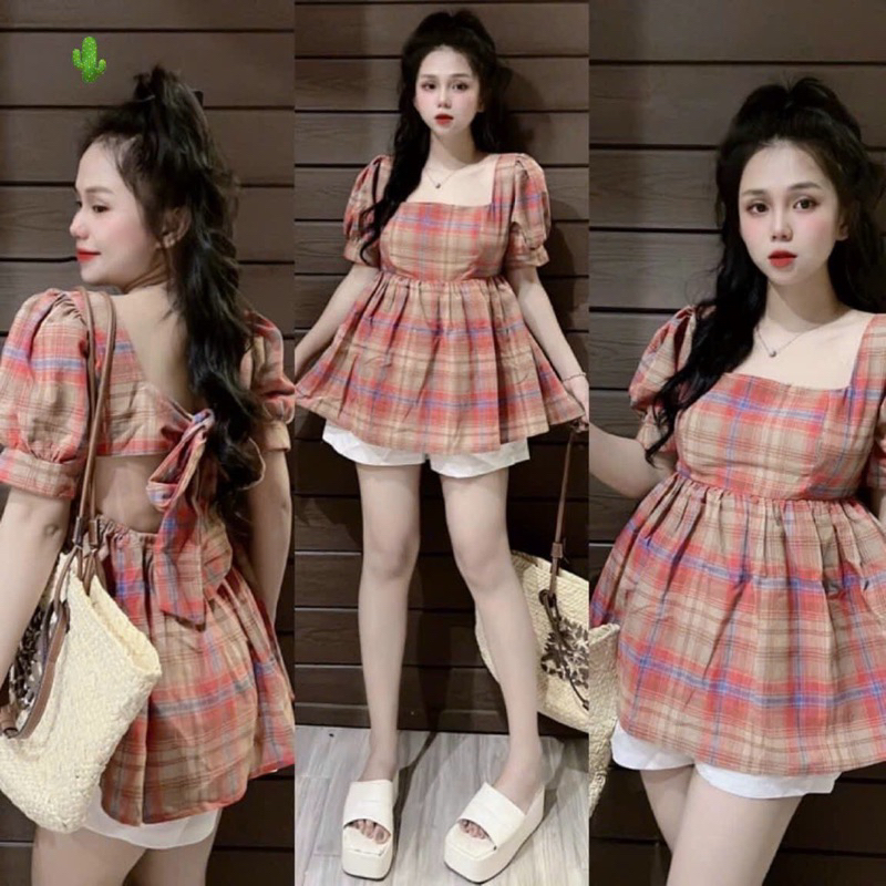 ÁO BABYDOLL CARO NƠ LƯNG PC | Shopee Việt Nam