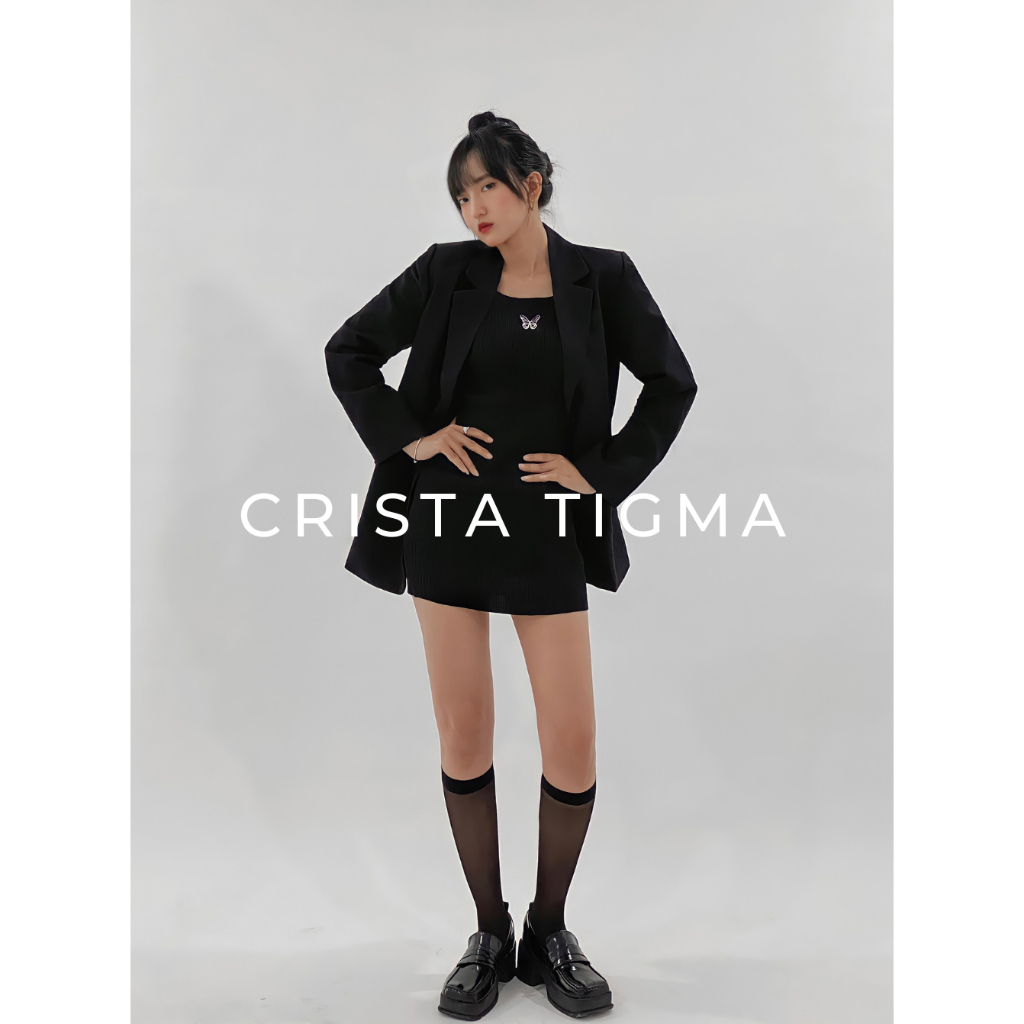 Vest Blazer 2 lớp đen nữ có độn vai Crista Tigma dáng công sở | Shopee ...