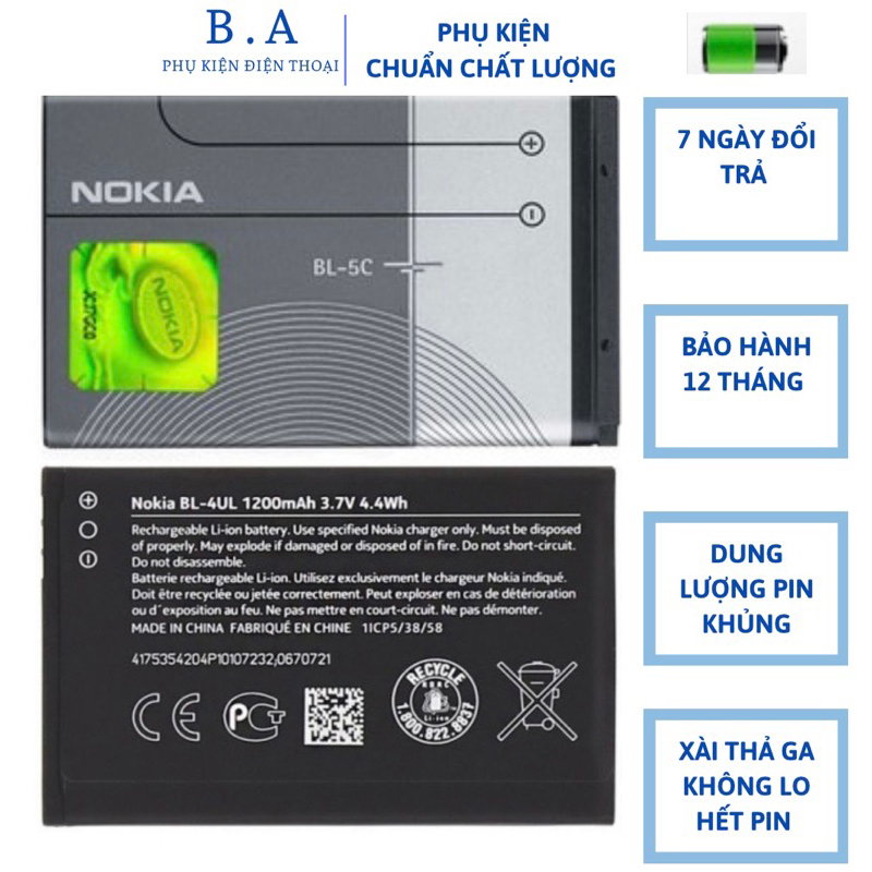 Pin nokia Bl 5C, BL-4UL (2 ic chống phù) Cho Các Dòng Điện Thoại Nokia ...