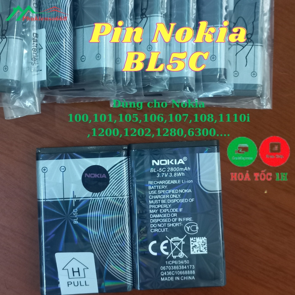 Pin nokia BL-5c,Pin 3,7v dung lượng 2800mAh cho nokia chống phù,chống nổ,Chất lượng cao.BH 6T ...