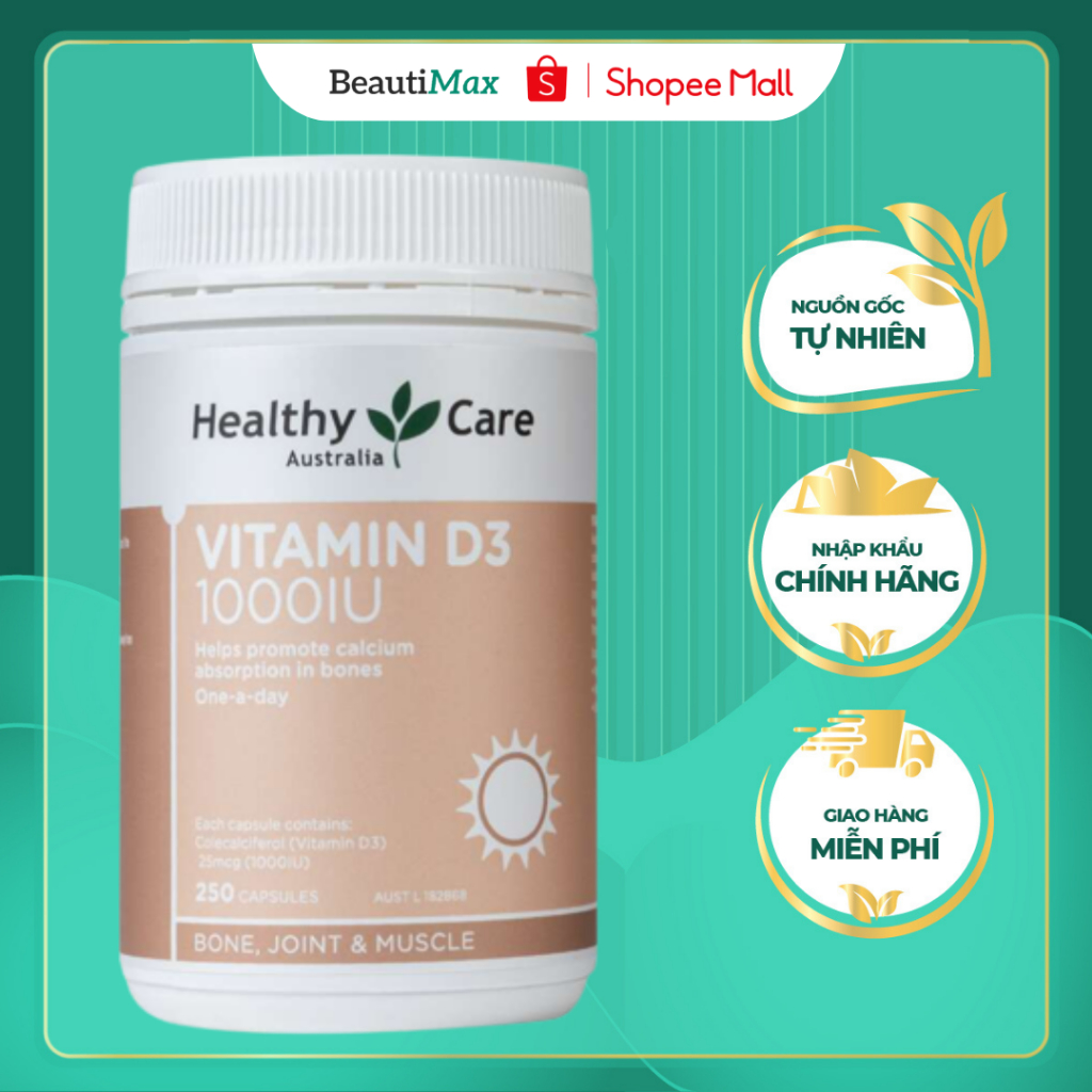 Vitamin D3 Healthy Care 1000IU ngăn ngừa loãng xương, giúp hấp thu canxi tối đa hộp 250 viên ...