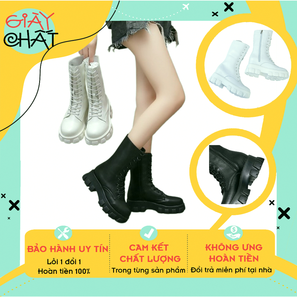 Giày Boots chiến binh nữ 2 màu đen/trắng cá tính đế bằng, Giày bốt ...