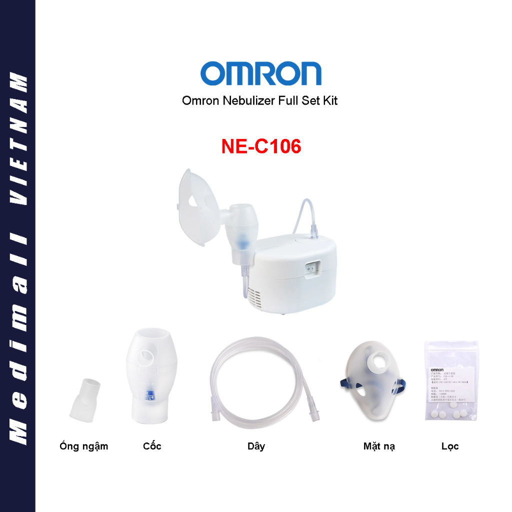 Bộ phụ kiện máy xông khí dung Omron NE-C106 Cốc thuốc, Dây dẫn, Mặt nạ, Lọc khí, Ống ngậm ...