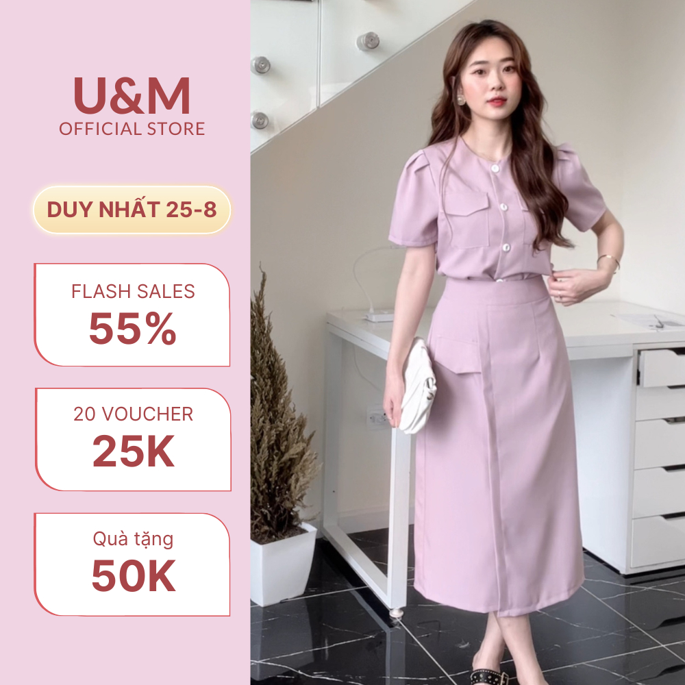 Set công sở áo sơ mi túi trước tay bồng phối cùng chân váy cạp cao che bụng U&M (SM160H + CVH09 ...