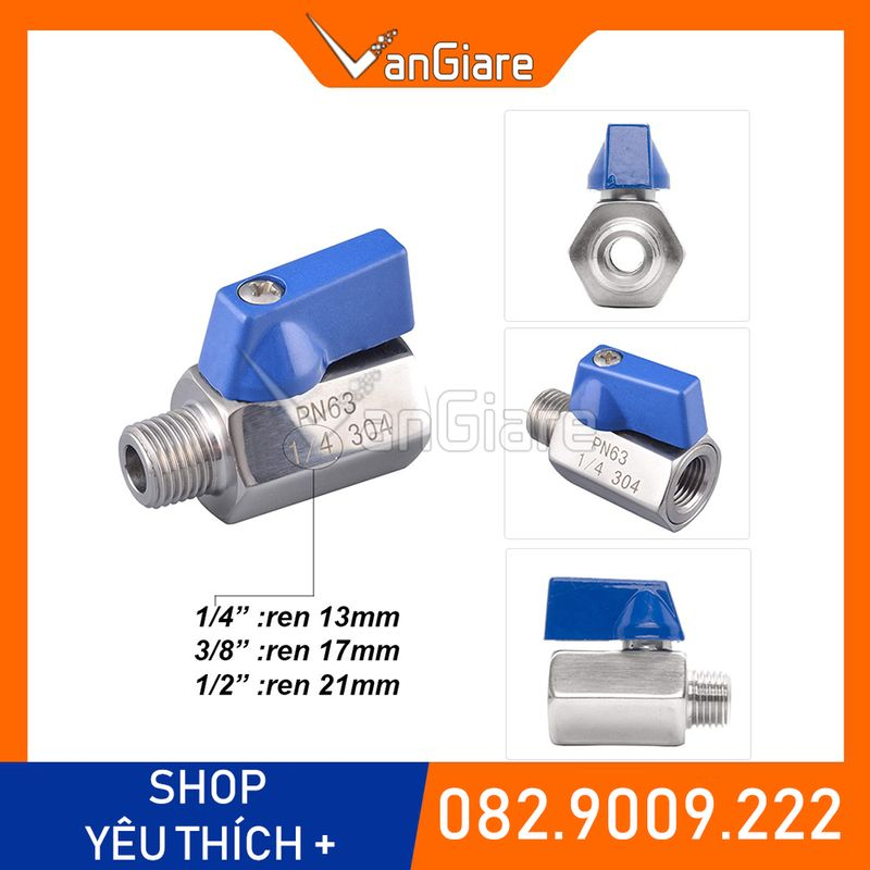 Van bi mini inox, van khóa tay gạt inox 304 ren trong ren ngoài 13 17 ...