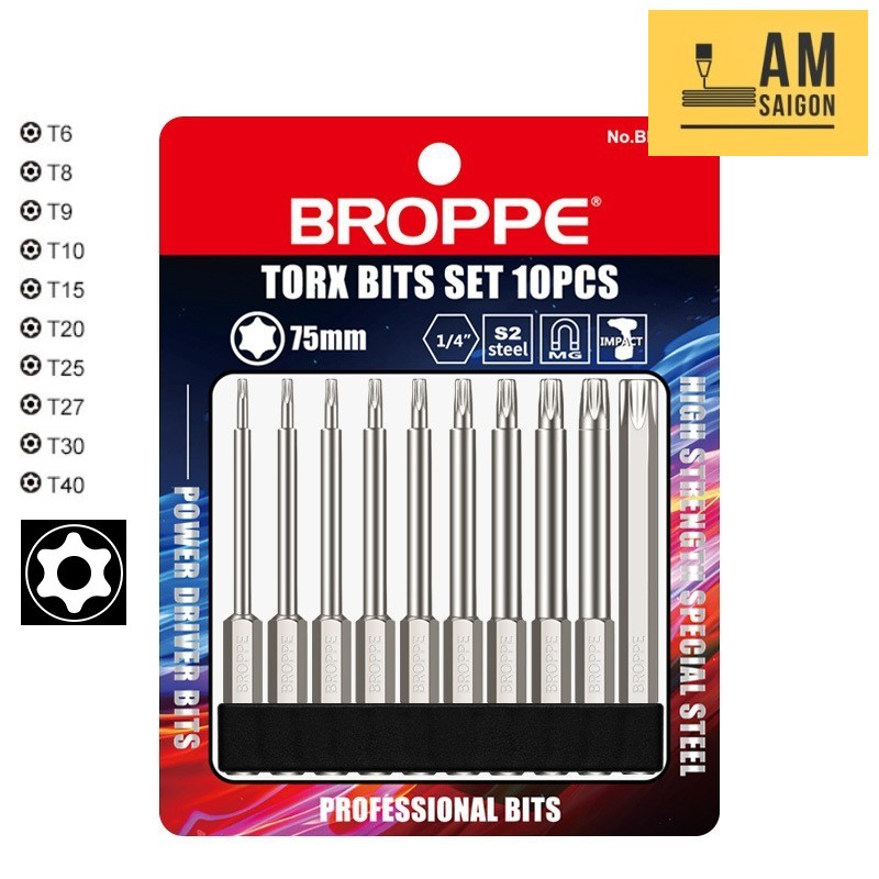 [Đủ Size] Bộ 10 mũi vít HOA THỊ lục giác thương hiệu Broppe dài 50 75 100mm T5 T6 T7 T8 T9 T10 ...