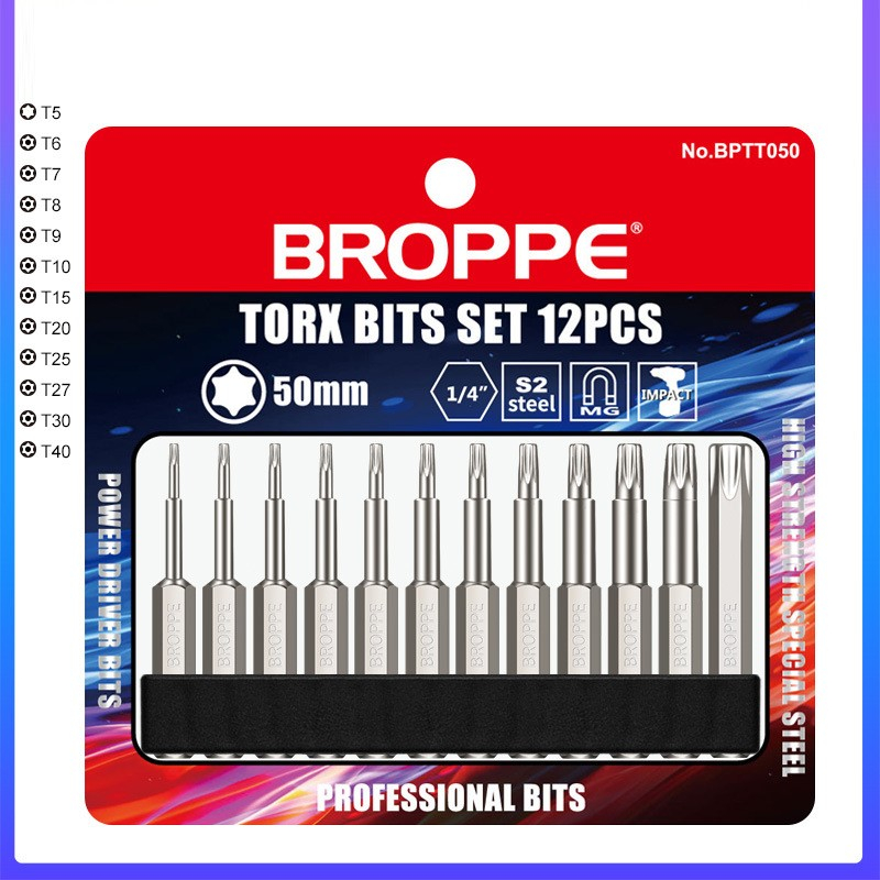 [Đủ Size] Bộ 10 mũi vít HOA THỊ lục giác thương hiệu Broppe dài 50 75 100mm T5 T6 T7 T8 T9 T10 ...