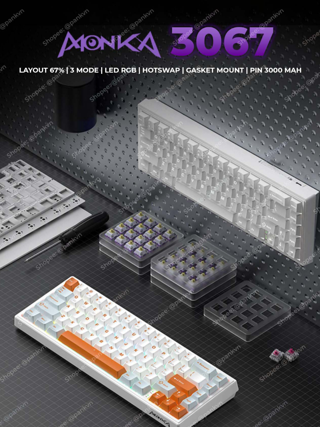 Bàn phím Monka 3087 | Layout 67% | Mạch xuôi | 3 Mode | LED RGB ...