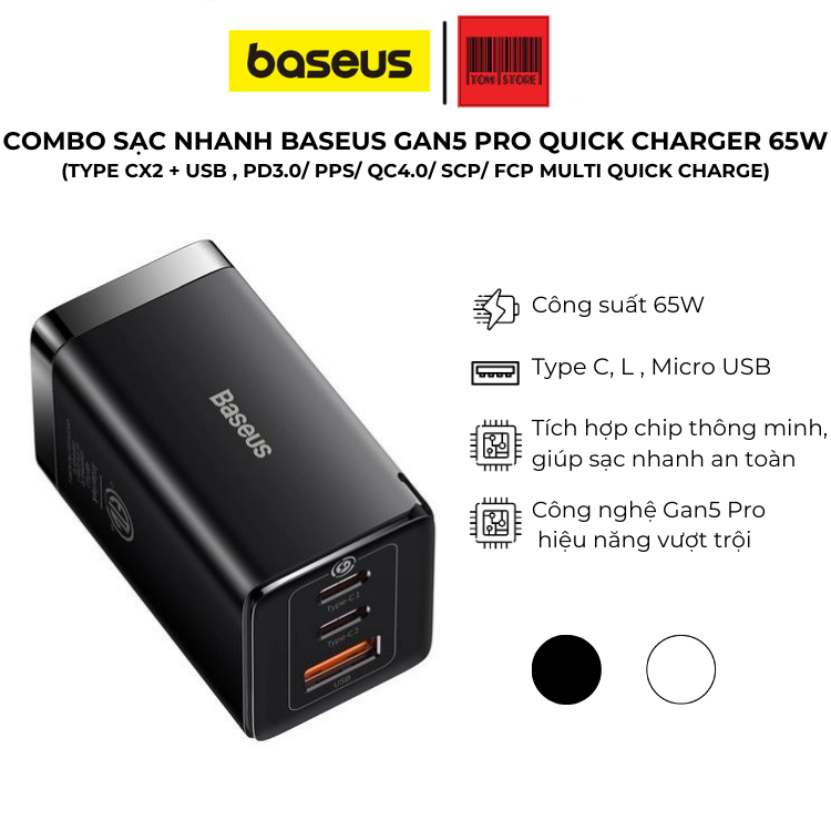 Bộ Combo Sạc Nhanh Baseus GaN5 Pro Quick Charger 65W (Type Cx2 + USB , PD3.0/ PPS/ QC4.0/ SCP ...