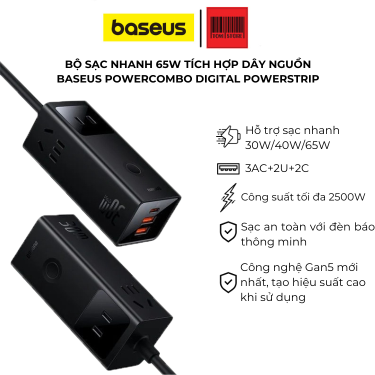 Bộ sạc nhanh 65w tích hợp dây nguồn Baseus PowerCombo Digital PowerStrip 3AC+2U+2C 35W/40W/65W ...
