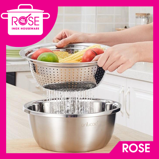 Bộ thau rổ inox 304 vo gạo, rửa rau củ quả tiện lợi, Chậu kèm rổ inox ...