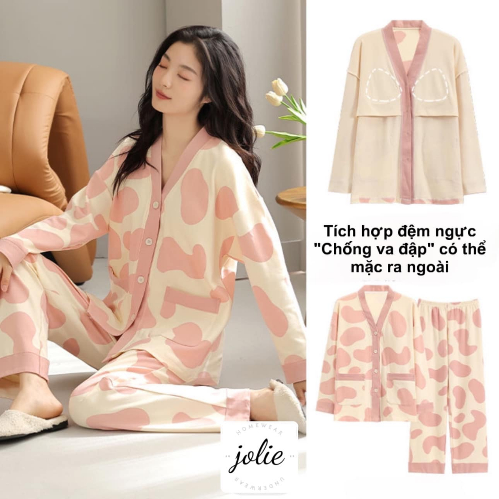 (HÀNG MỚI VỀ) Bộ Mặc Nhà Cotton Cổ V Cài Khuy Dài Tay Có Miếng Đệm Lót Ngực Dày Dặn, Chất Liệu ...