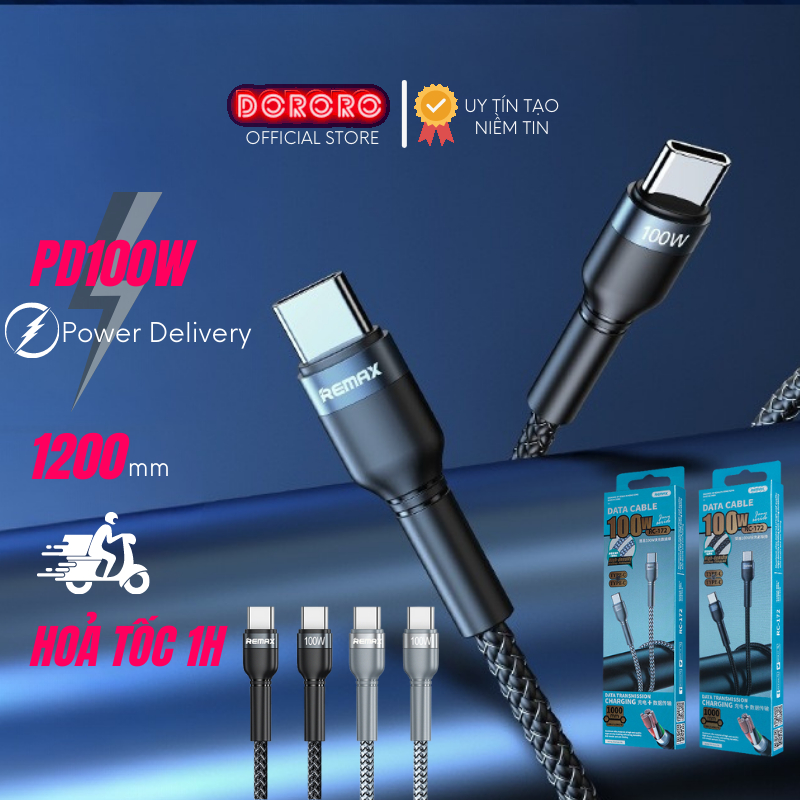 Dây sạc nhanh type C PD100W chính hãng Remax RC-172 dành cho điện thoại Samsung Huawei Xiaomi ...