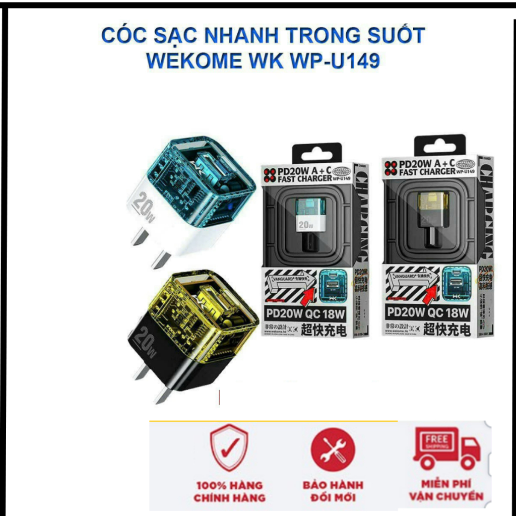 Củ sạc nhanh W.P U149 tích hợp 2 cổng sạc TypeC và USB, thiết kế trong suốt, hàng chính hãng ...