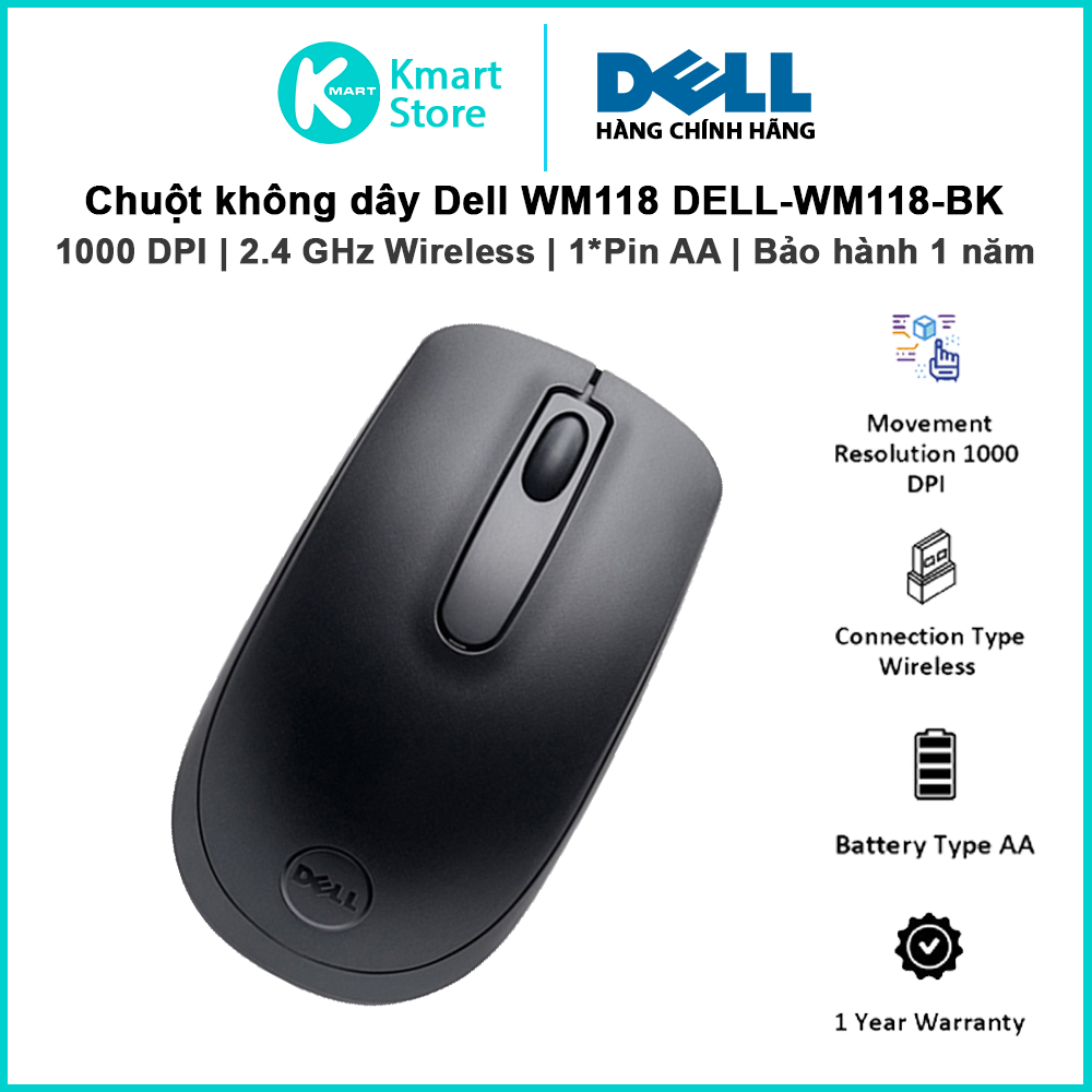 Hỏa tốc | Chuột không dây Dell WM118 | Màu đen | 1000 DPI | 1 Pin AA | Bảo hành 1 năm - Hàng ...