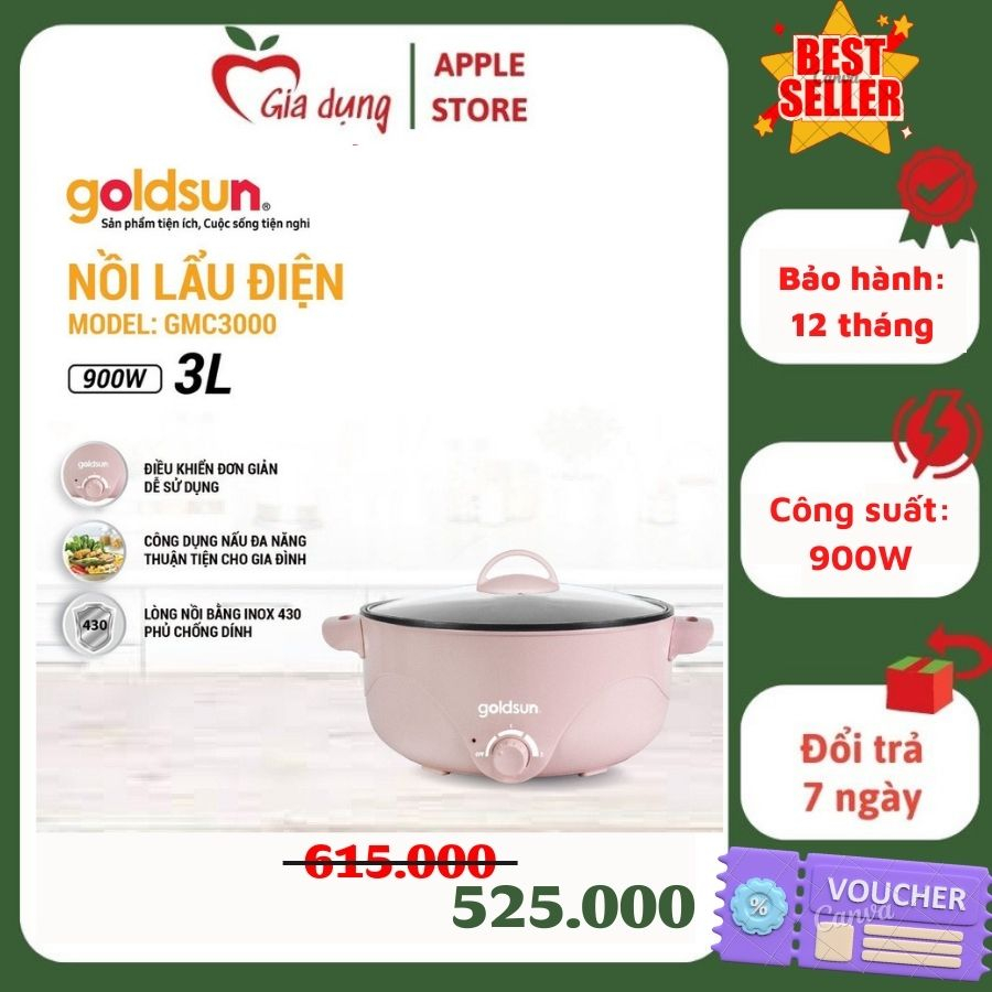 Nồi lẩu điện đa năng Goldsun GMC3000, dung tích 3L, công suất 900W, dùng nấu lẩu, chiên, xào ...