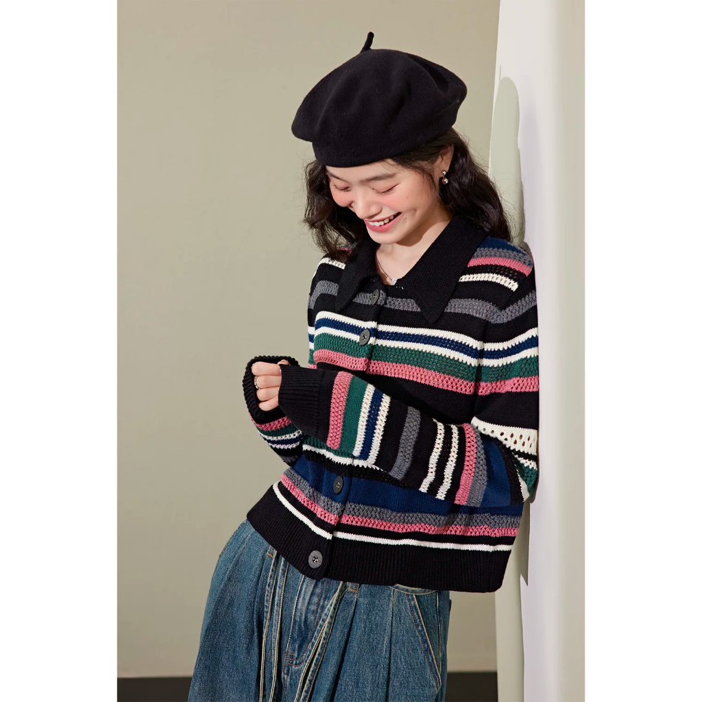 Áo cardigan len cổ polo phối kẻ màu hàng xuất Kuose | Shopee Việt Nam