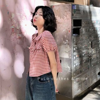 Áo babydoll caro đỏ cổ sen bèo ngực tay bồng A105 | Shopee Việt Nam