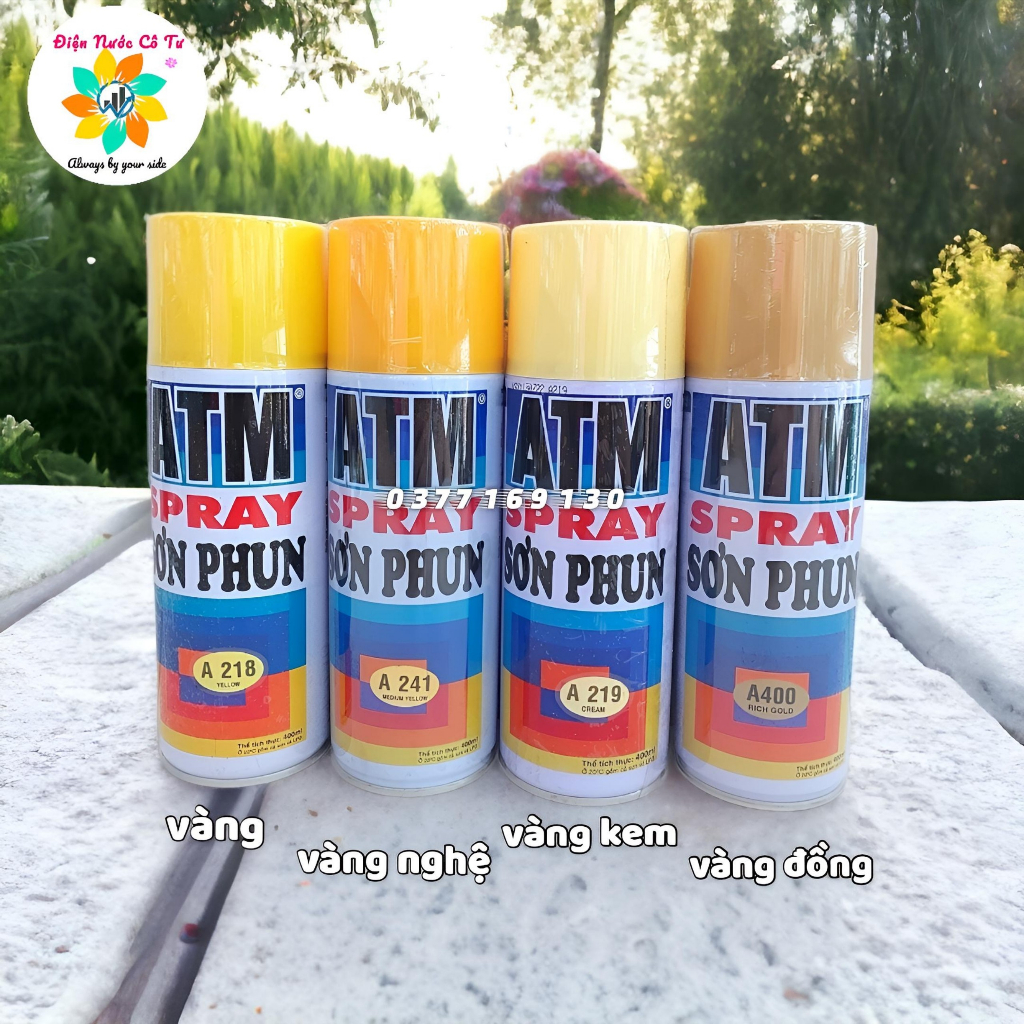 Sơn xịt các loại màu vàng, vàng đậm, vàng kem , vàng đồng ATM Spray mã A218, A241, A219, A400 ...