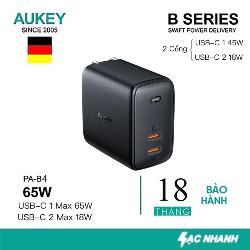 Củ sạc nhanh AUKEY PA-B4 OmniaChip 65W 02 USB-C (1C PD 65W & 1C PD 18W) | Shopee Việt Nam