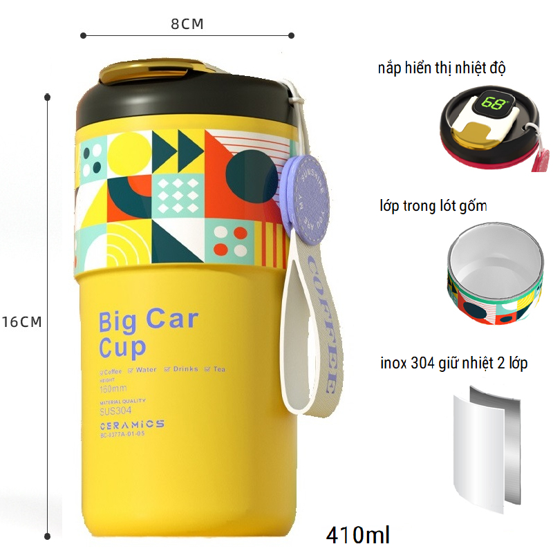Ly cà phê inox 304 giữ nhiệt 2 lớp lót gốm. Cốc cà phê tiện lợi di động Bincoo 250ml, 280ml ...