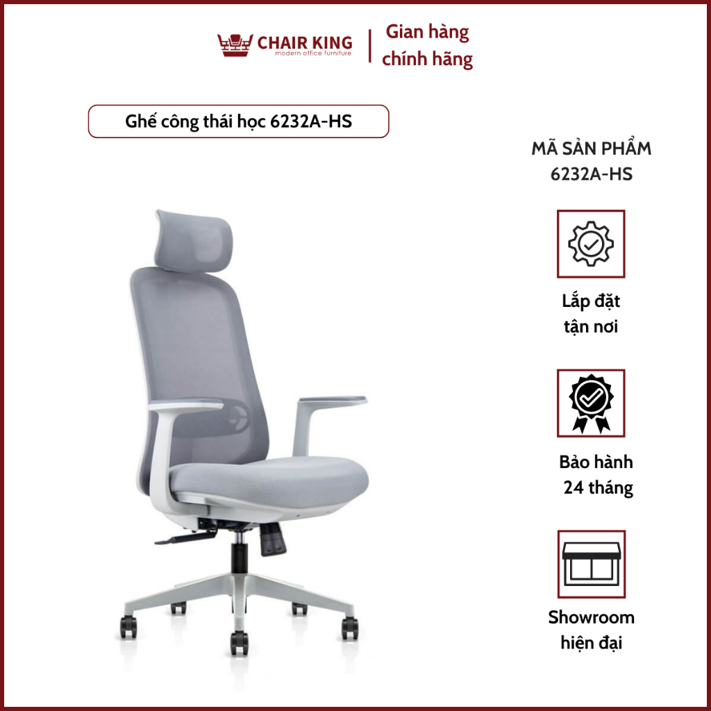 Ghế công thái học 6232A-HS thương hiệu Chairking - Lưng lưới, tay nhựa, đệm mousse bọc vải, chân ...