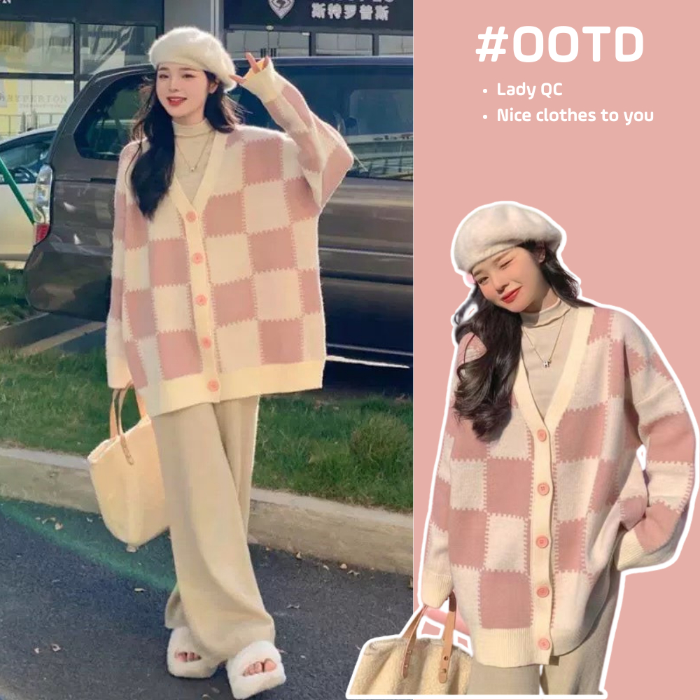 Áo khoác cardigan nữ họa tiết ô vuông màu hồng trắng, Cardigan len form ...