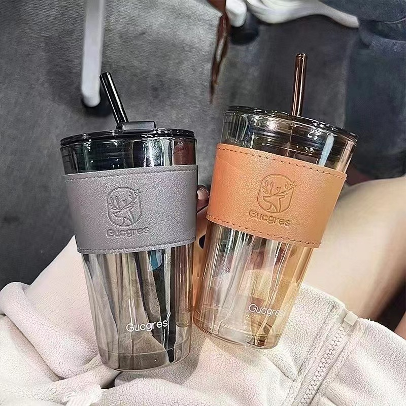 [Miễn Phí khắc Tên] Cốc thủy tinh takeaway Gucgres 450ml có nắp, bao da ...