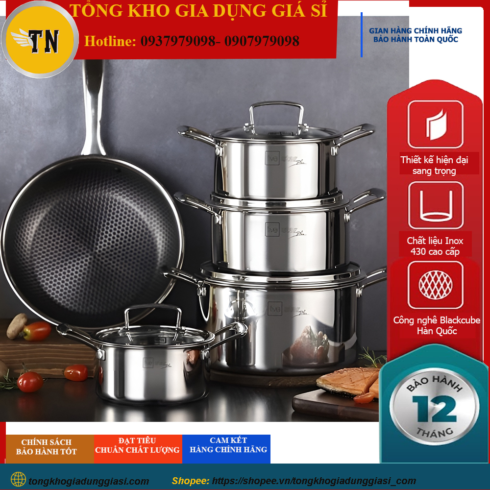 Bộ nồi chảo chống dính 3 lớp đáy liền Inox 304 Fivestar Plus Blackcube FPB5007 (Nắp Kính) BẢO ...