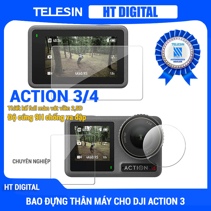 Cường Lực Màn Hình DJI Action 3/4 TELESIN (Bộ 3 miếng) chống va đập, bảo vệ màn hình trước sau ...