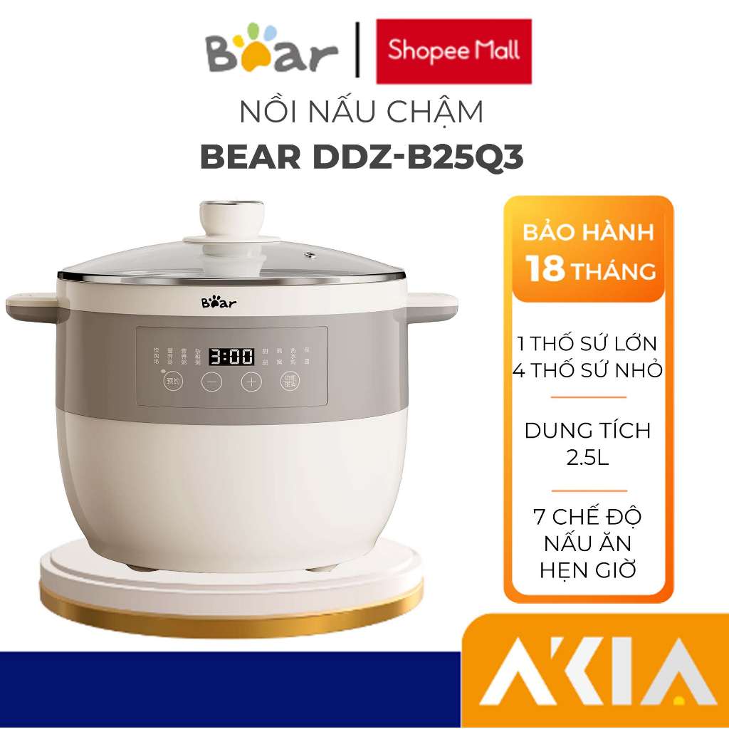 Nồi nấu chậm Bear DDZ-B25Q3 2.5L, kèm 1 thố sứ lớn, 4 thố sứ nhỏ, khay hấp, 7 chế độ nấu ăn, hẹn ...
