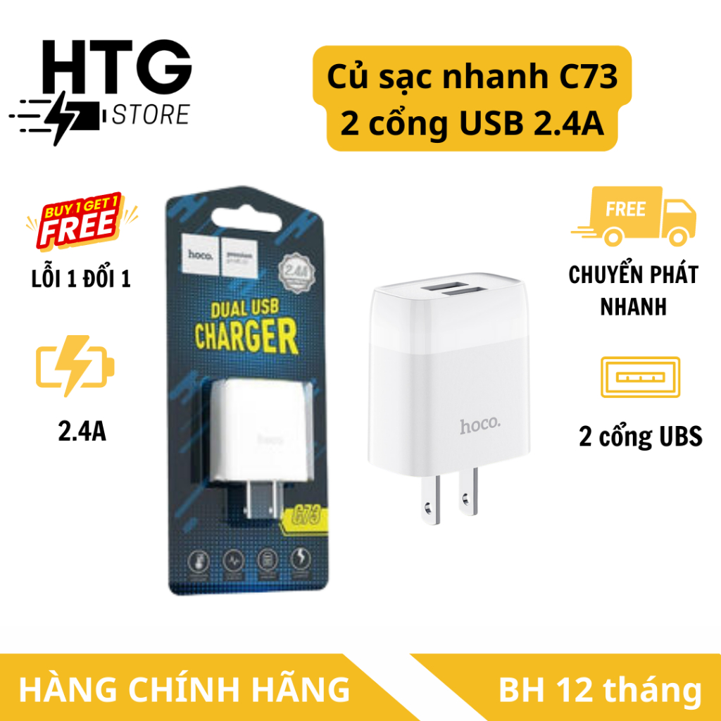 Củ sạc nhanh Hoco C73, 2 cổng USB, cốc sạc công Suất 2.4A, bảo hành 12 ...