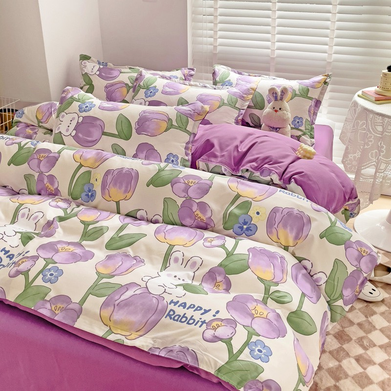 Bộ chăn ga gối cotton poly Thỏ Hoa Tím ETAMI miễn phí bo chun ga trải ...