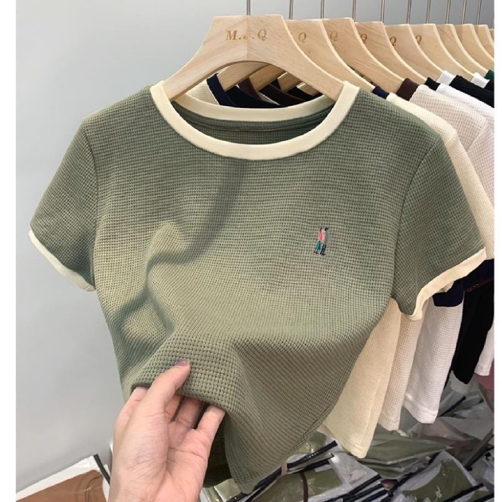 Áo baby tee thun nữ cotton tay ngắn thêu họa tiết màu sắc tương phản thời trang mùa hè Ma040 ...