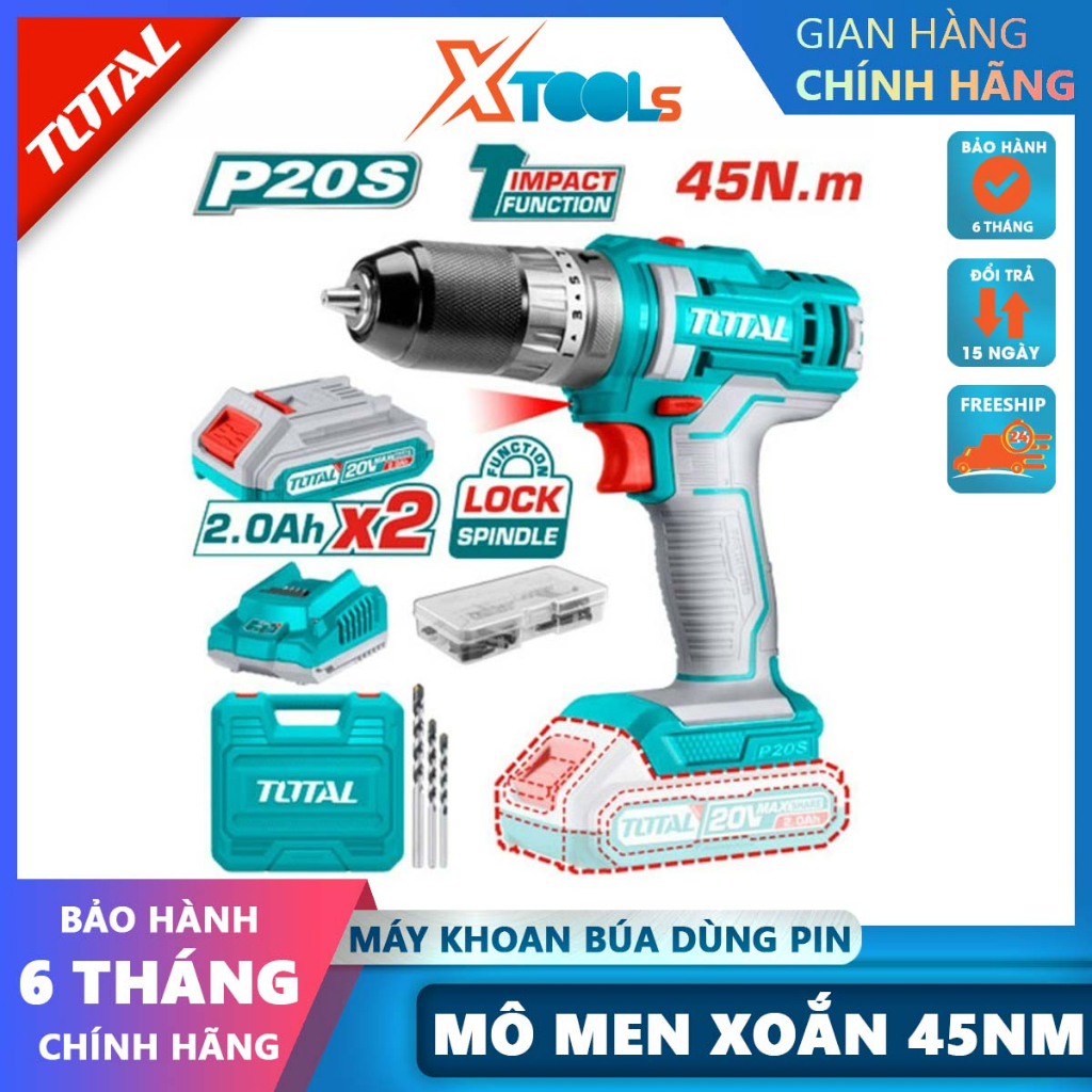 Máy khoan búa pin 20V Total TIDLI201452 mô-men xoắn 45Nm kèm 2 pin 2Ah ...