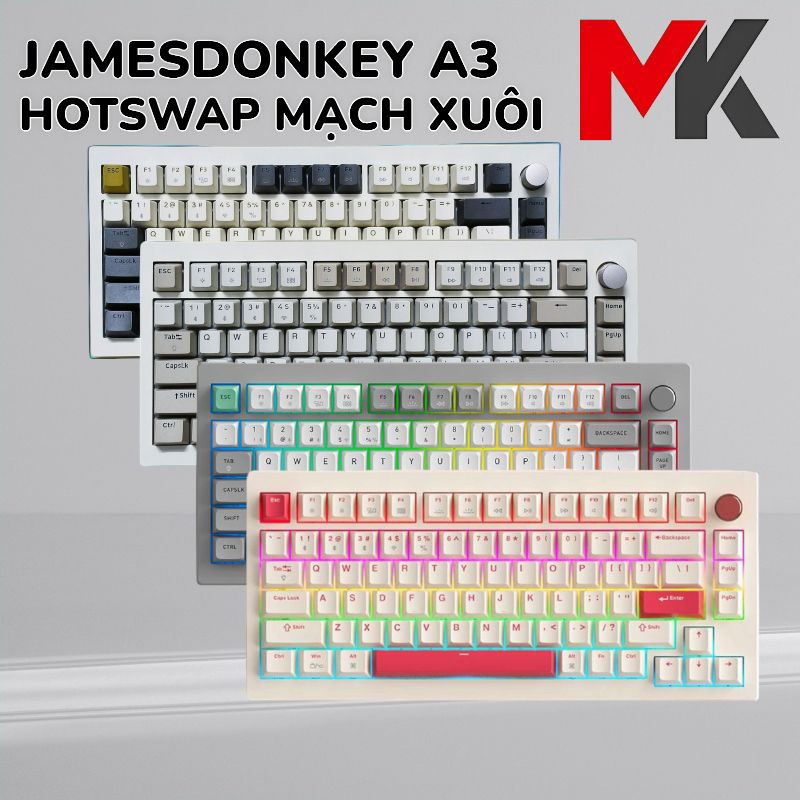 Bàn phím cơ Jamesdonkey A3 mạch xuôi, Gasket mount, 3 mode kết nối, Led RGB, pin 3000mAh ...