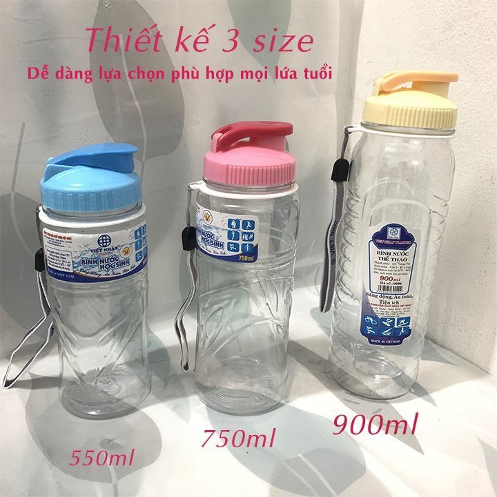 Bình nước học sinh 3 SIZE Việt Nhật 550ml,750ml,900ml –Bình nước thể thao có quai dù treo(MS ...