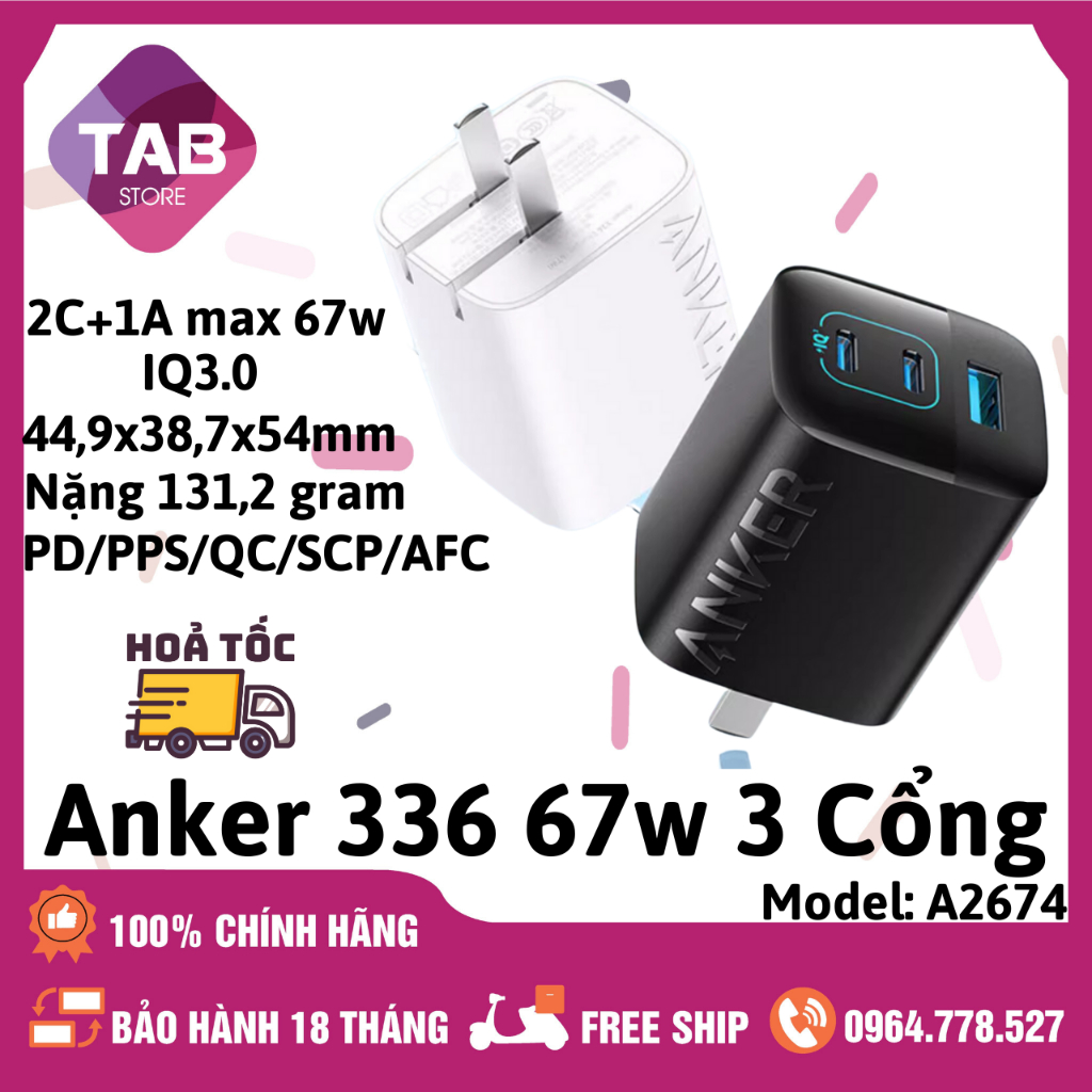 Sạc Anker 336 67w 3 Cổng 2C+1A Gan PD/PPS2.0/QC3.0 - A2674 (Bảo Hành 18T) | Shopee Việt Nam