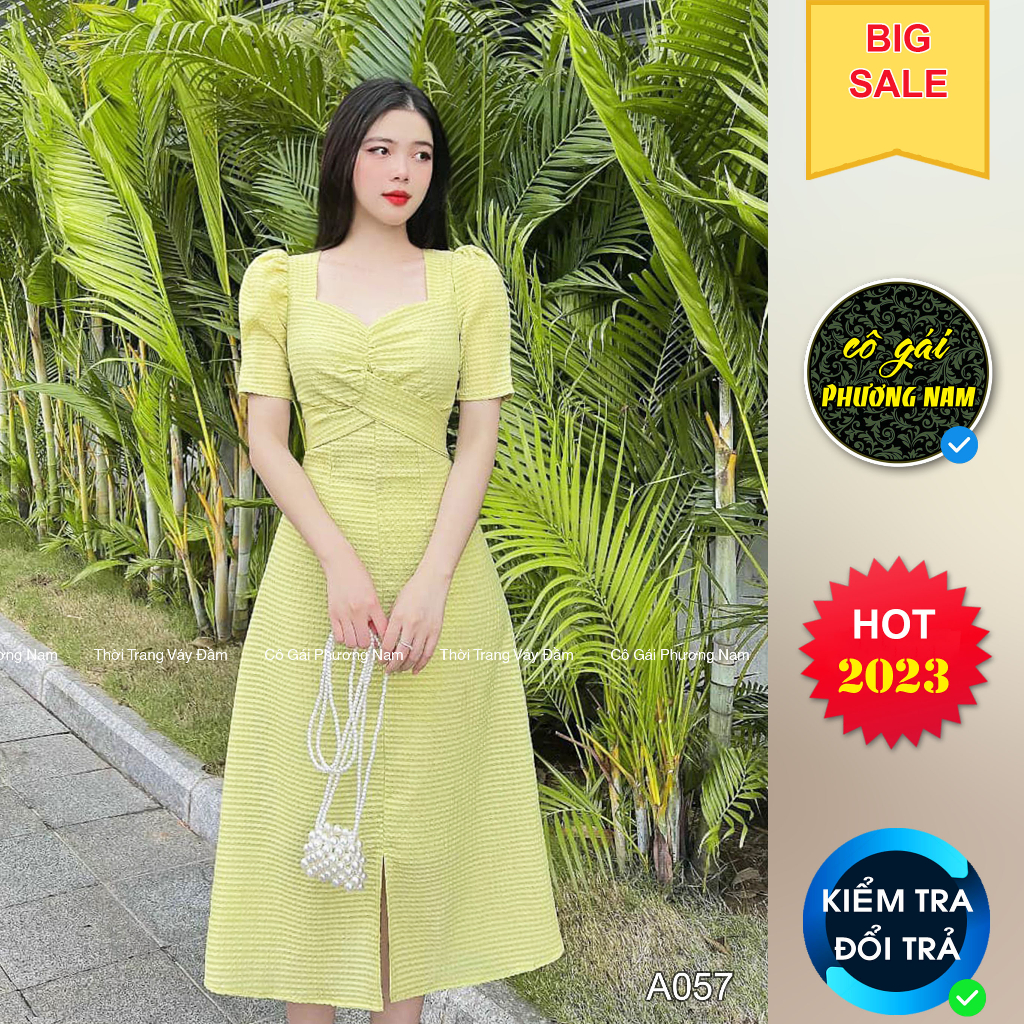 A057 Đầm xòe midi cúp ngực tay phồng xẻ tà buộc nơ eo - xanh, trắng | Shopee Việt Nam