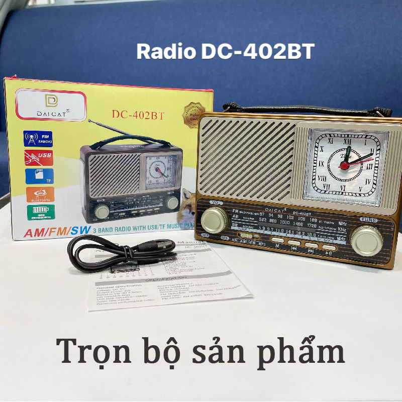 Đài RADIO DC-402BT kiêm đồng hồ, hỗ trợ khe cắm thẻ nhớ, USB, Bluetooth ...