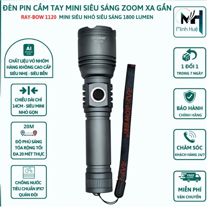 Đèn pin mini siêu sáng Ray Bow -1122 có chế độ zom xa gần vỏ nhôm cao ...