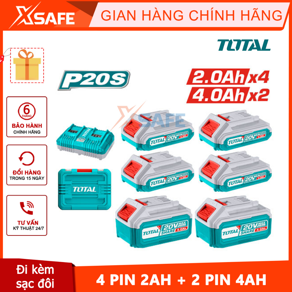 Bộ 7 pin Lithium-Ion 20V Total TOSLI230701 gồm 4 pin 20V/2Ah, 2 pin 20V/4Ah và 1 sạc chính hãng ...