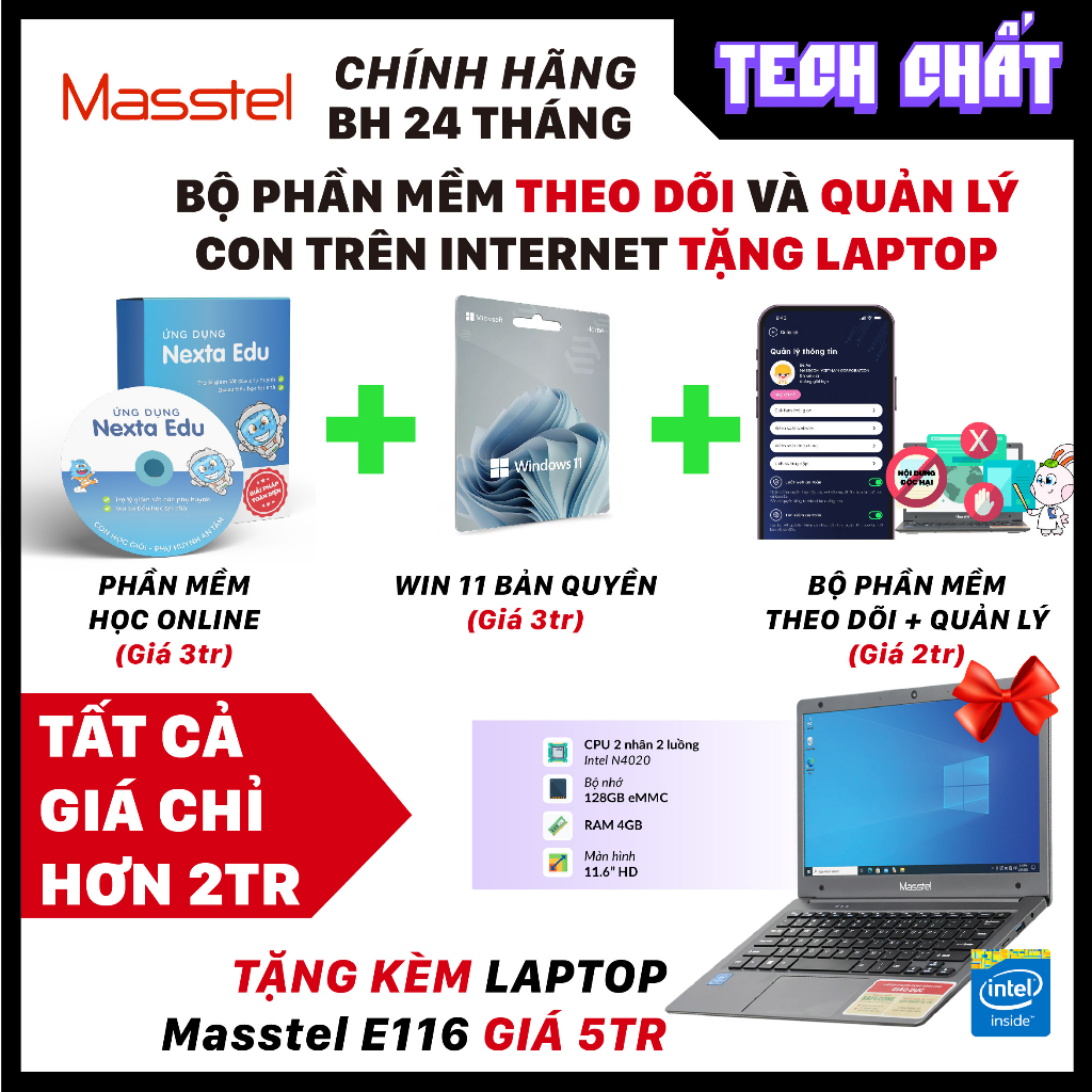 Combo Laptop Masstel E116 E140 kèm Windows 11 bản quyền và bộ phần mềm ...