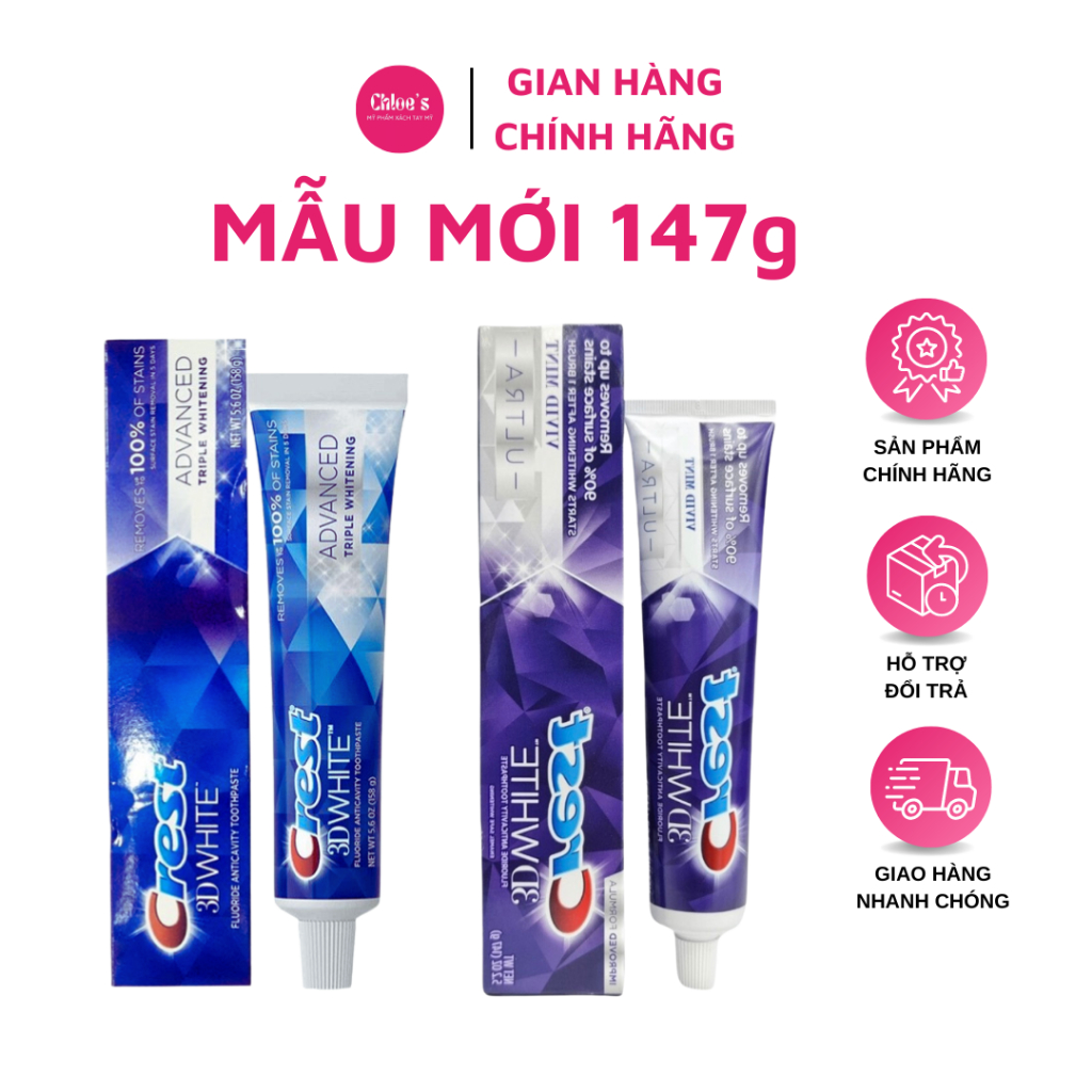 Kem đánh răng crest 3D [XẢ DATE 08/24] white advanced vivid mint trắng răng ngừa sâu răng mỹ mẫu ...