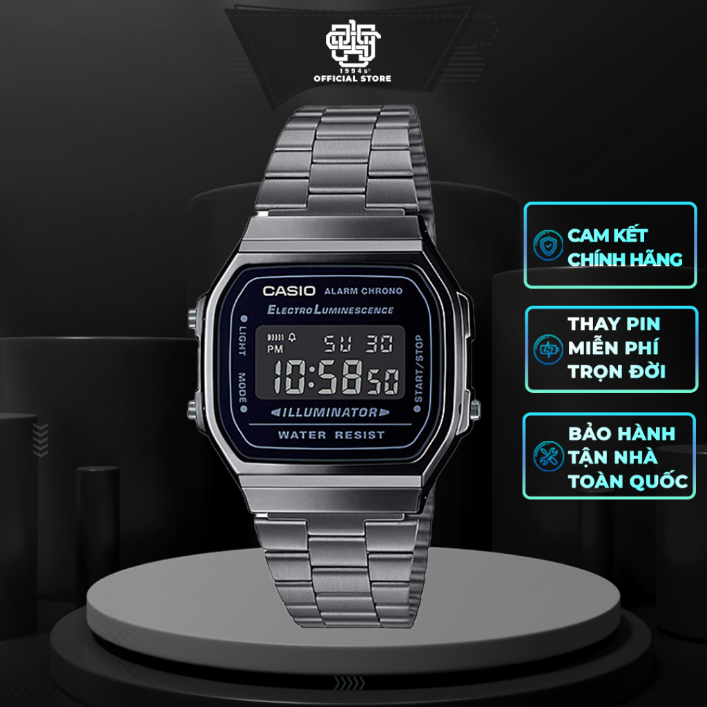 Đồng hồ nam Casio A168 / A168WGG-1B dây thép mạ ion màu xám, chống nước 30m, size 36mm, hàng ...