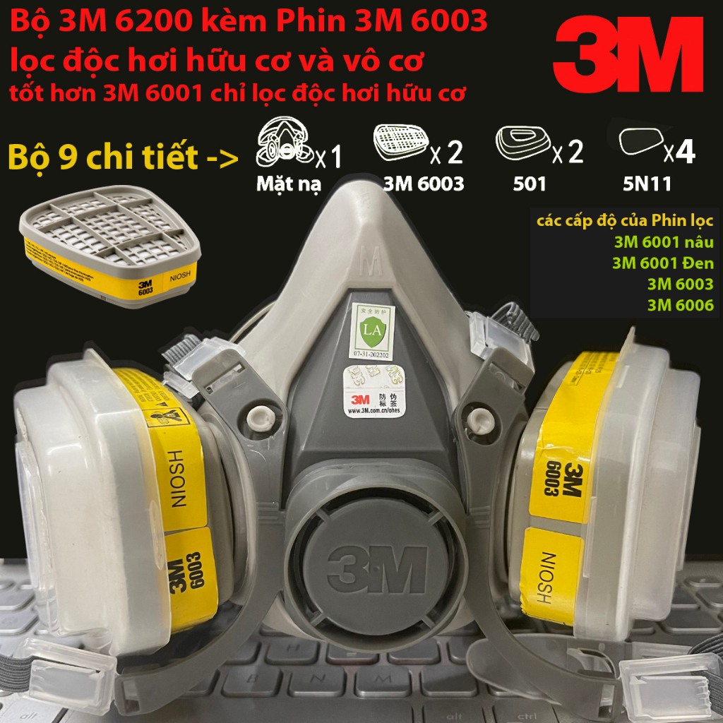 Bộ khẩu trang phòng độc 3M 6200 và phin lọc 3M 6003 phòng độc hơi hữu cơ và vô cơ, mặt nạ sơn ...
