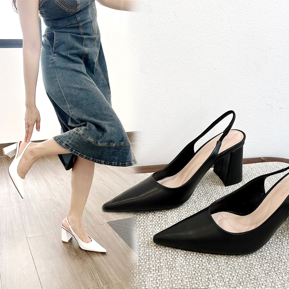 Giày cao gót nữ mũi nhọn đế êm gót trụ Trapeze Slingback 7cm, guốc ...