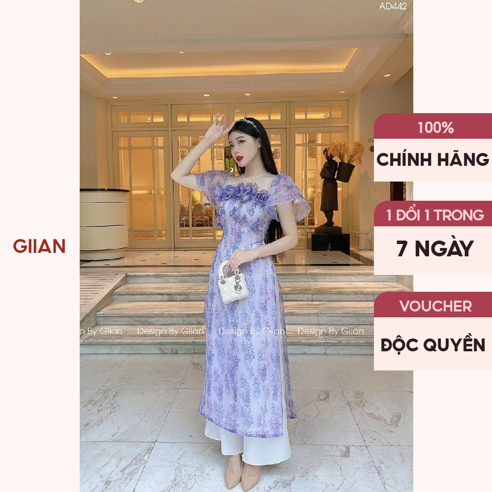Áo dài cách tân tay họa tiết bồng phối ngực hoa cách điệu chính hãng ...