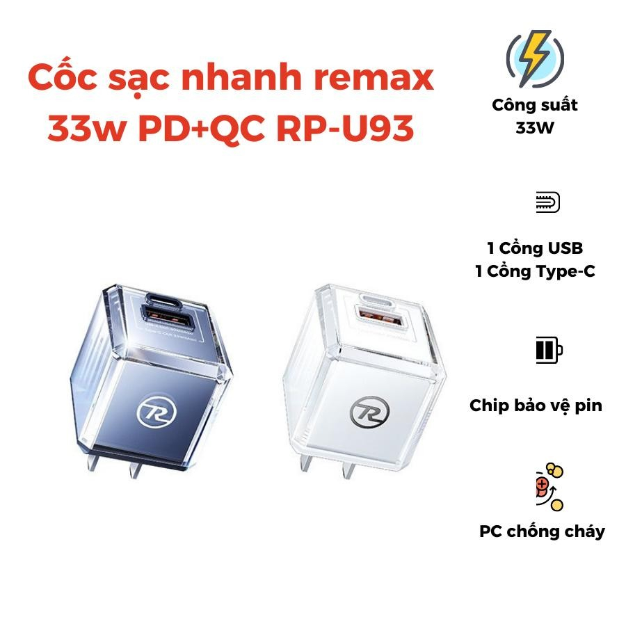 Cóc Sạc Nhanh 33W Remax RP-U93 QC3.0+PD (1 Cổng Usb+1 Cổng Type-C ...