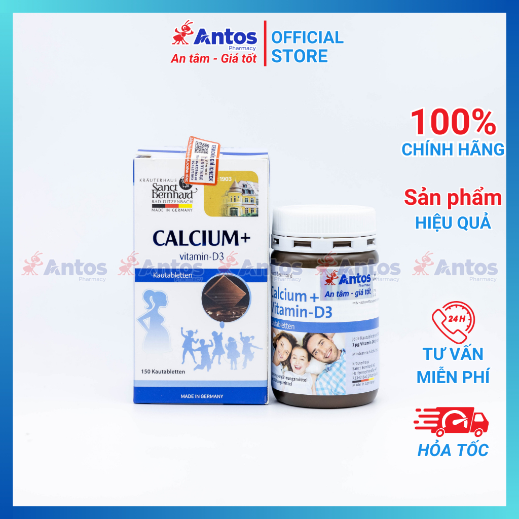 Viên ngậm canxi CALCIUM VITAMIN D3 Sanct Bernhard bổ sung canxi D3 cho bé và người lớn vị Socola ...